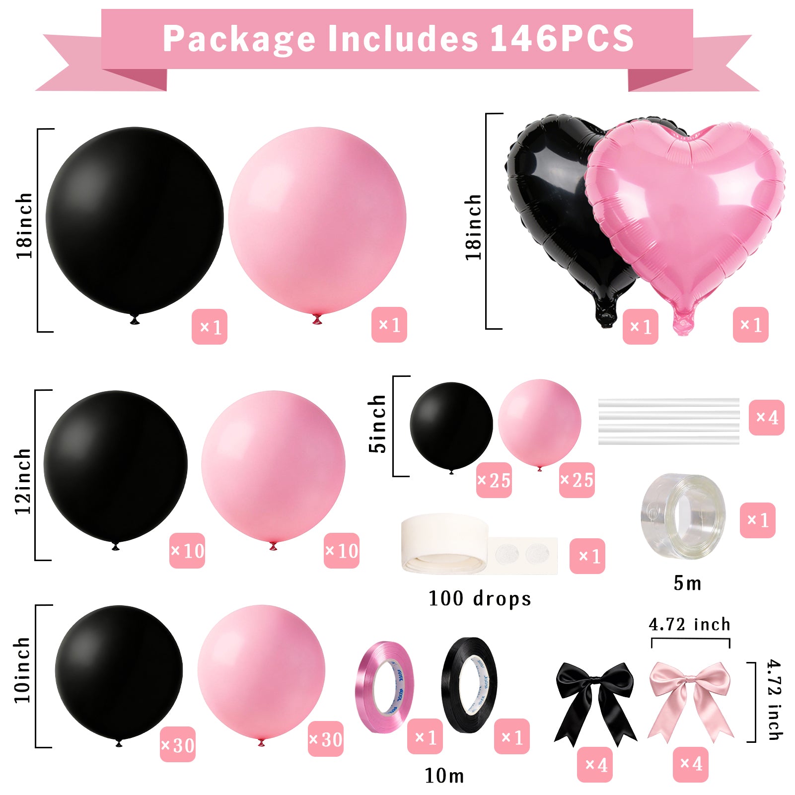 KiddiTouch 146Pcs Black and Pink Balloon Garland Arch Kit, 5 10 12 18